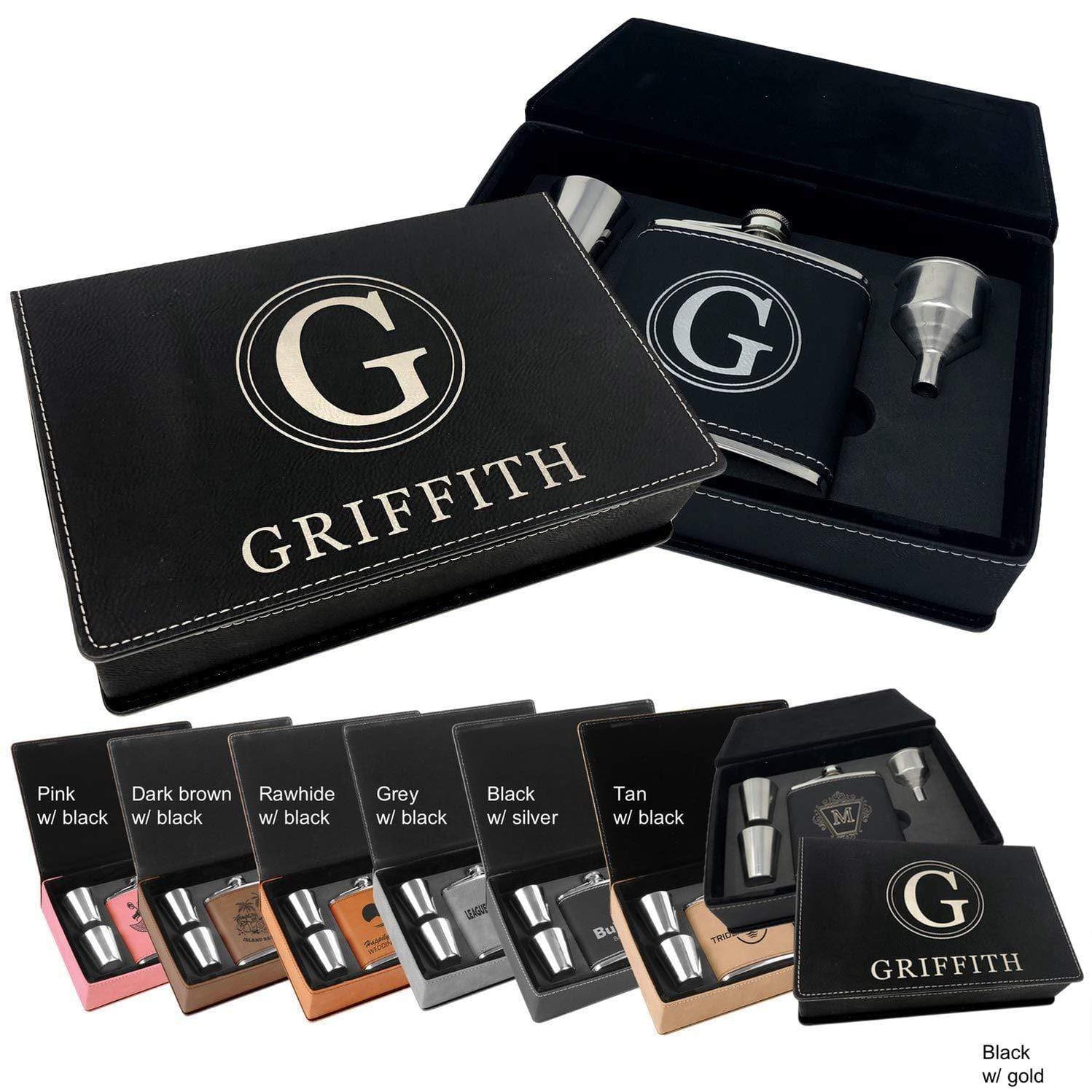 Personalized Monogram Luxury Leatherette Flask Set — Griffco Supply